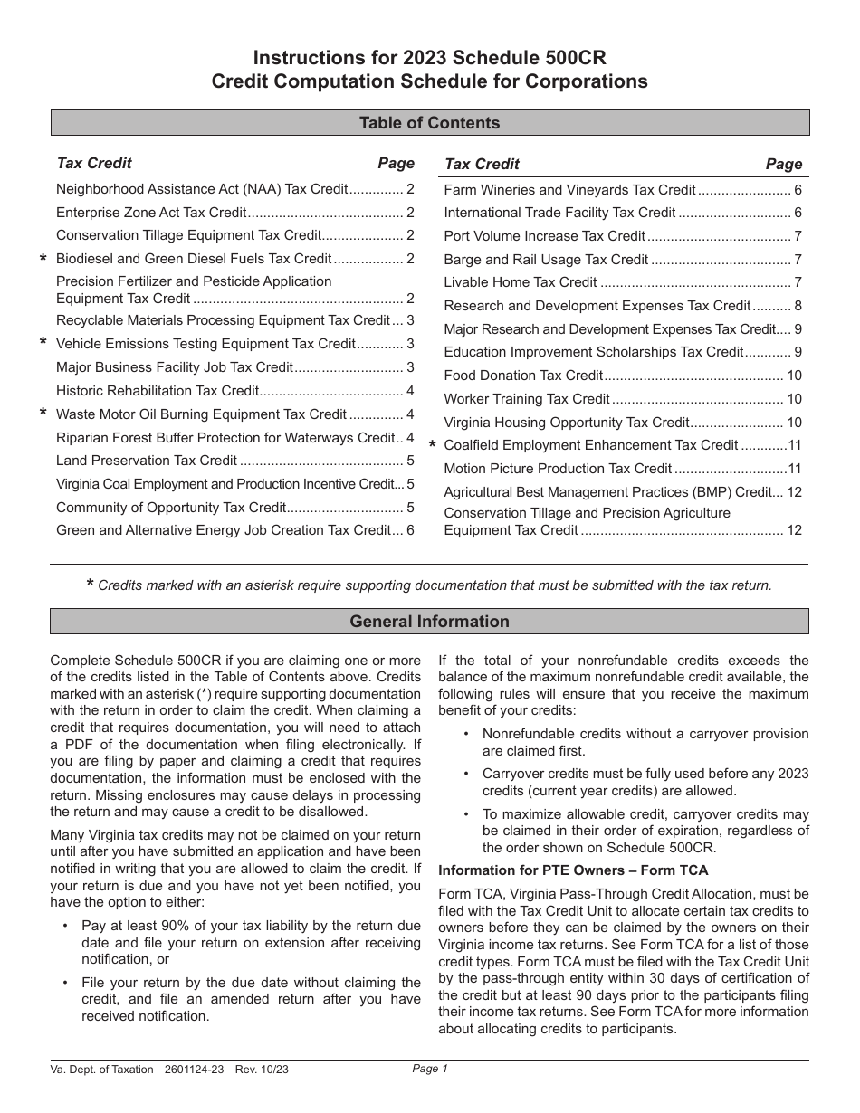 Download Instructions for Schedule 500CR Credit Computation Schedule ...