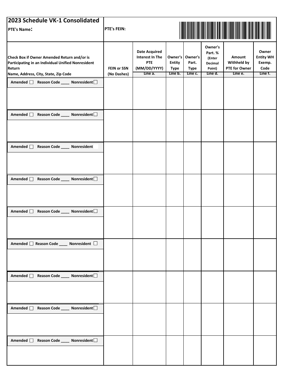 Schedule VK-1 CONSOLIDATED Download Fillable PDF or Fill Online - 2023 ...