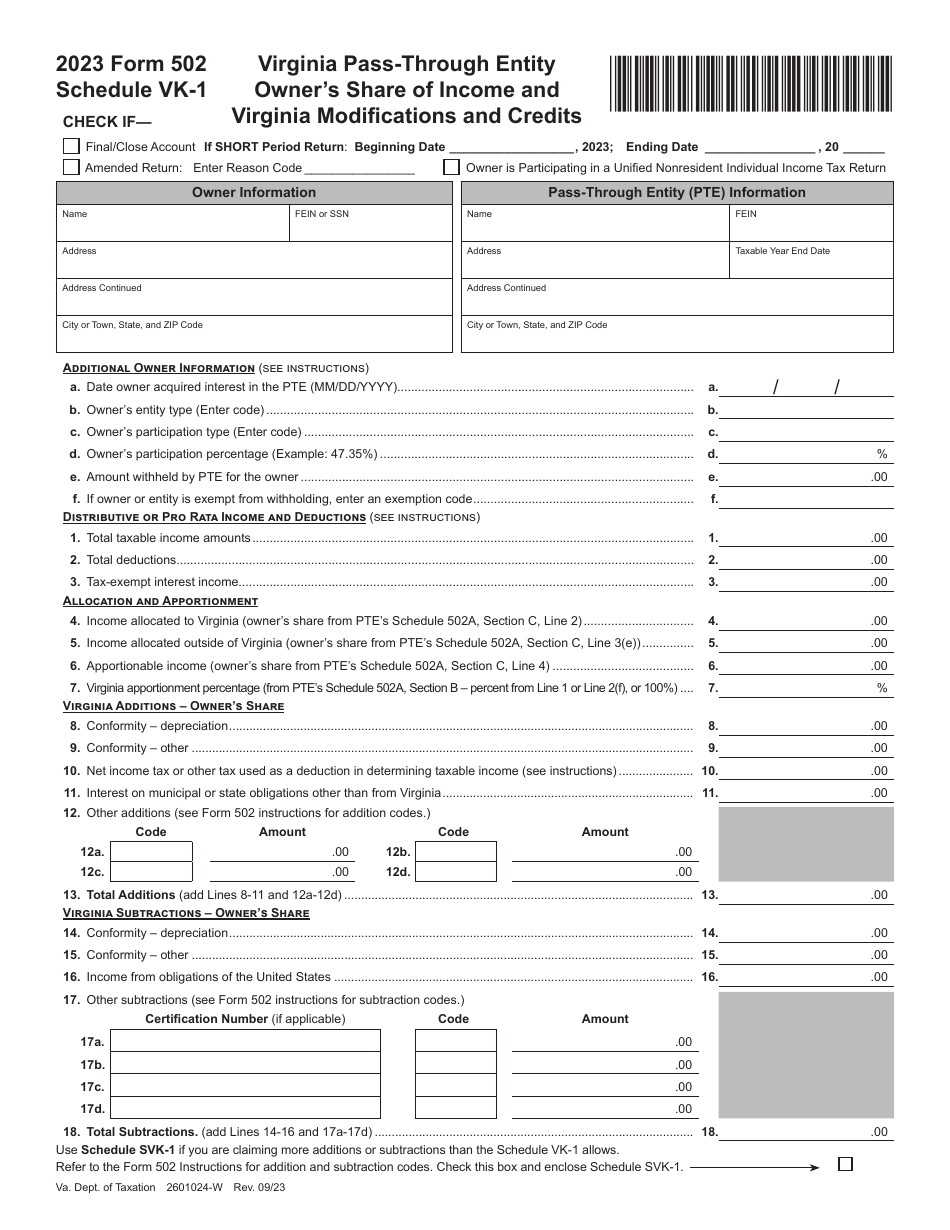 Form 502 Schedule VK-1 Download Fillable PDF or Fill Online Virginia ...