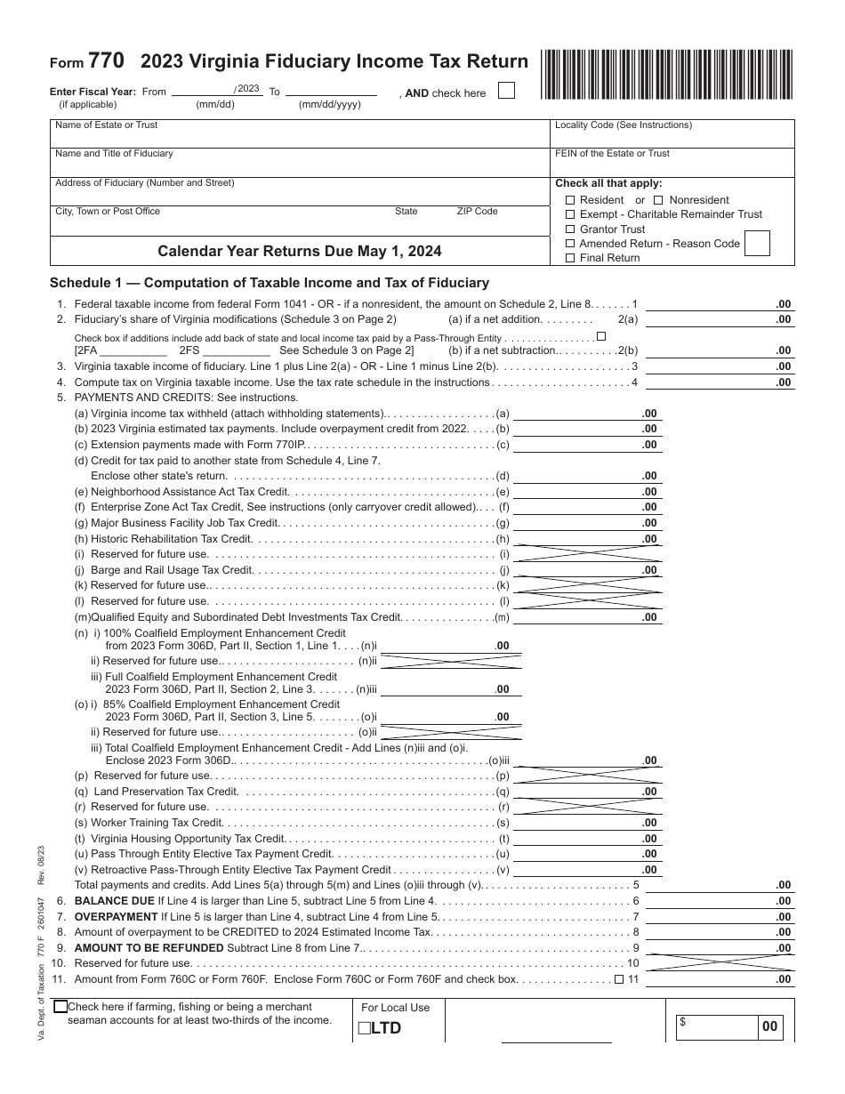 Form 770 Download Fillable PDF or Fill Online Virginia Fiduciary Income ...