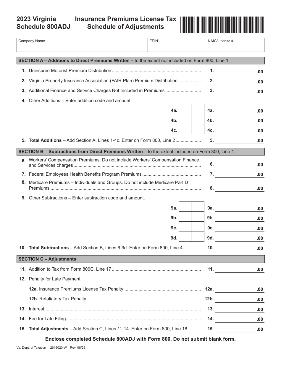 2023 Virginia Insurance Premiums License Tax Schedule of Adjustments ...
