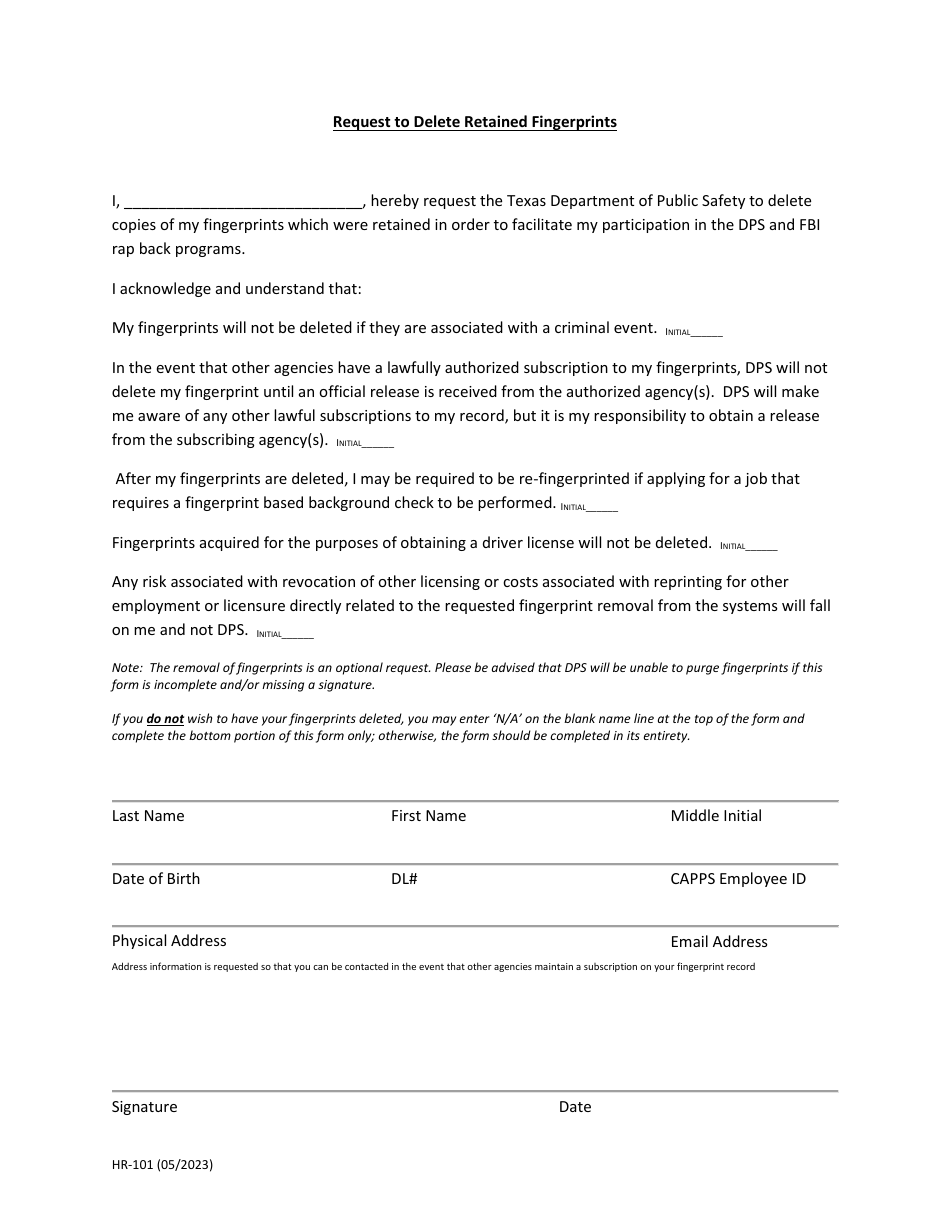 Form HR-101 - Fill Out, Sign Online and Download Fillable PDF, Texas ...