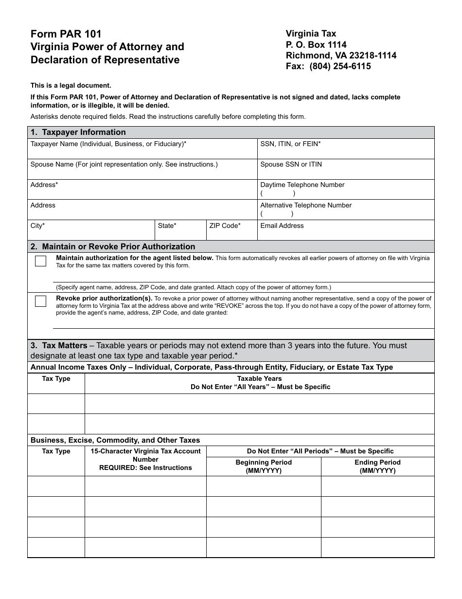 Form PAR101 Download Fillable PDF or Fill Online Virginia Power of ...