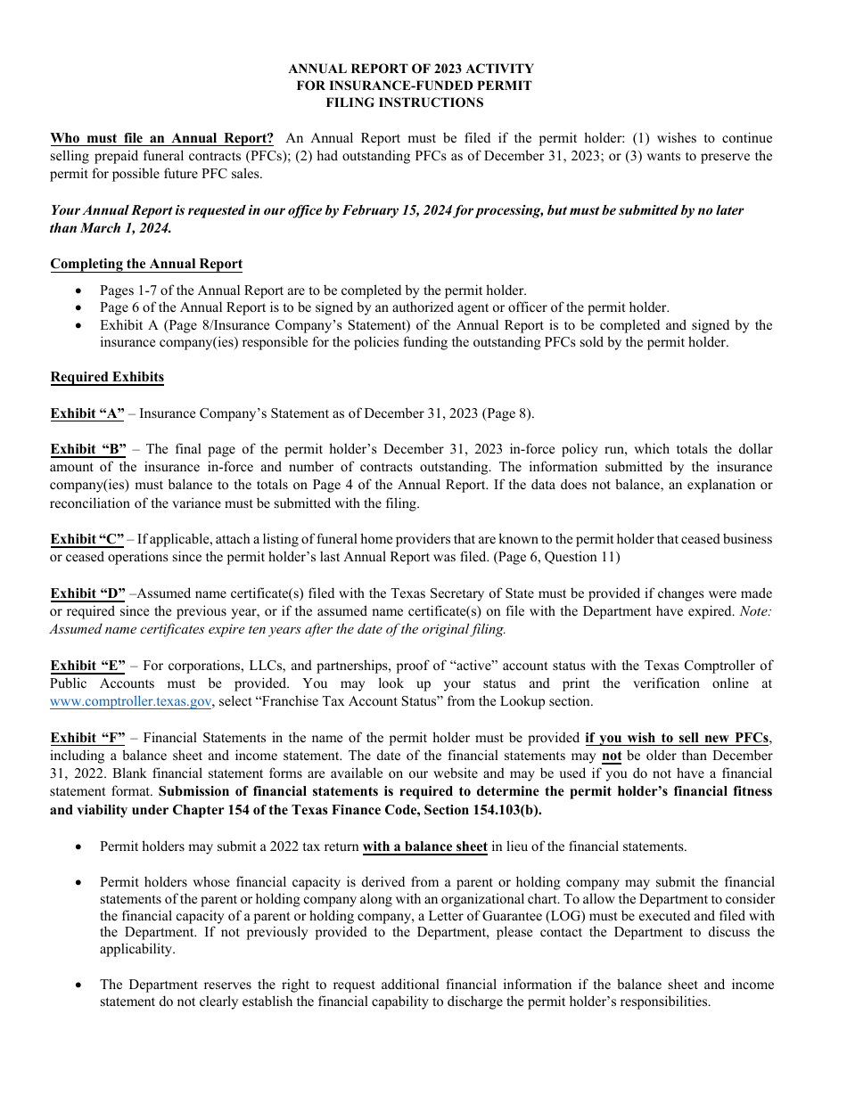 2023 Texas Annual Report of Activity for Insurance-Funded Permit - Fill ...