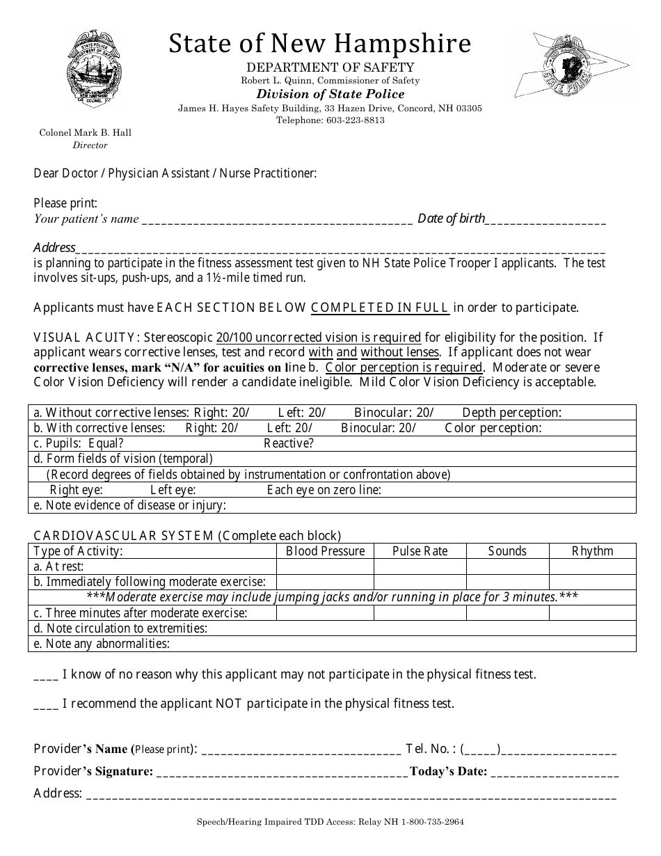 New Hampshire Pre-physical Agility Test Medical Form - Fill Out, Sign ...