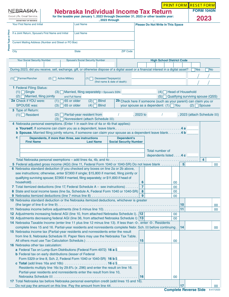 Form 1040N Download Fillable PDF or Fill Online Nebraska Individual ...