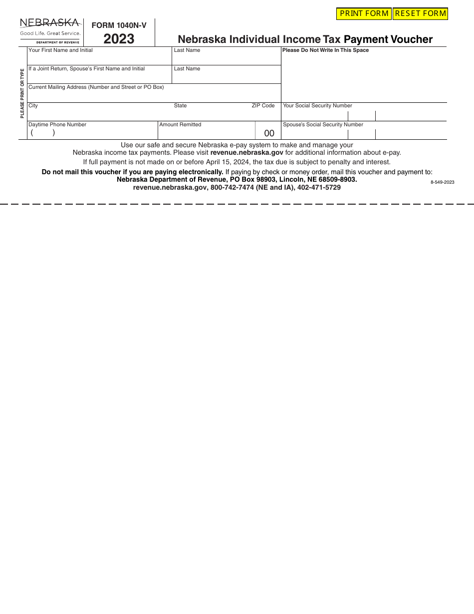 Form 1040N-V Download Fillable PDF or Fill Online Nebraska Individual ...