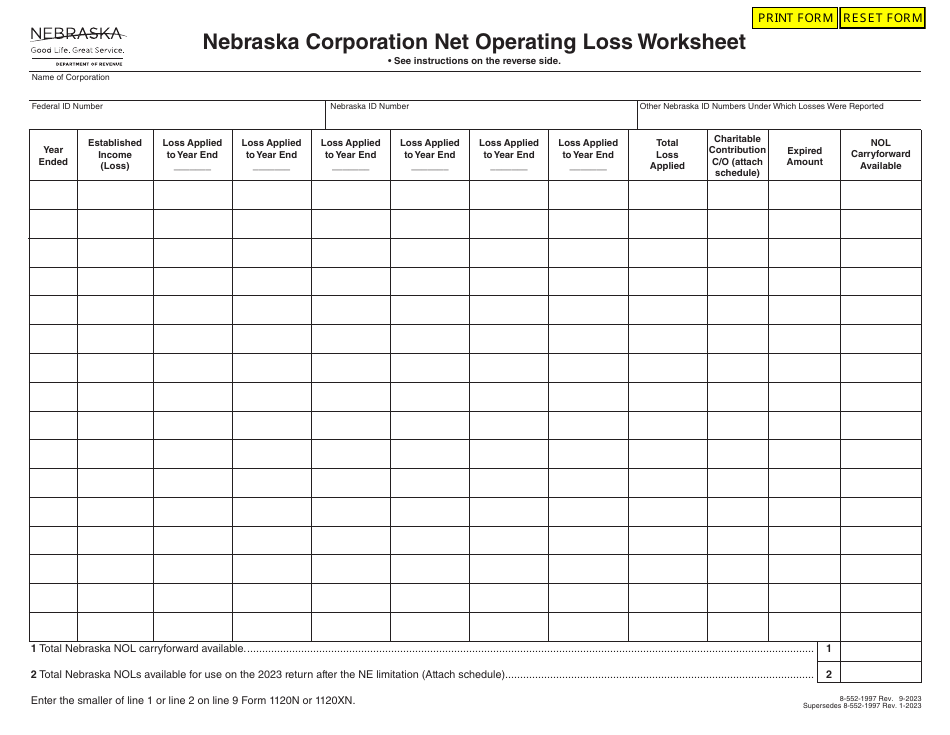 Nebraska Nebraska Corporation Net Operating Loss Worksheet Download ...