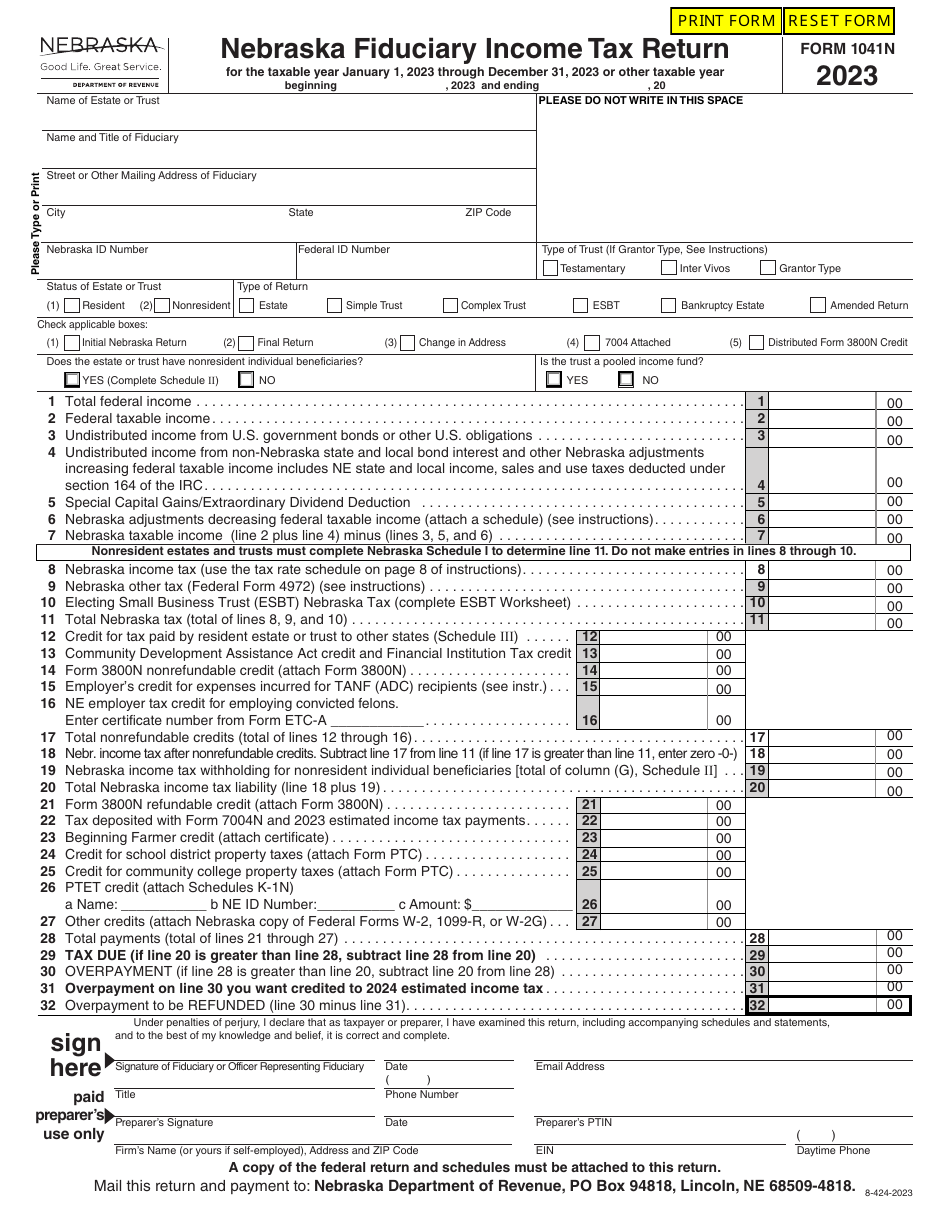 Form 1041N Download Fillable PDF or Fill Online Nebraska Fiduciary ...