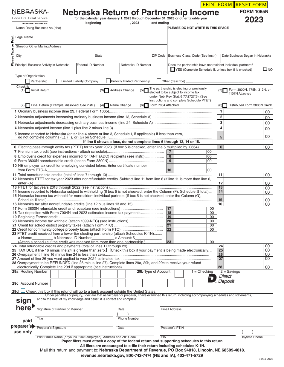 Form 1065N Download Fillable PDF or Fill Online Nebraska Return of ...