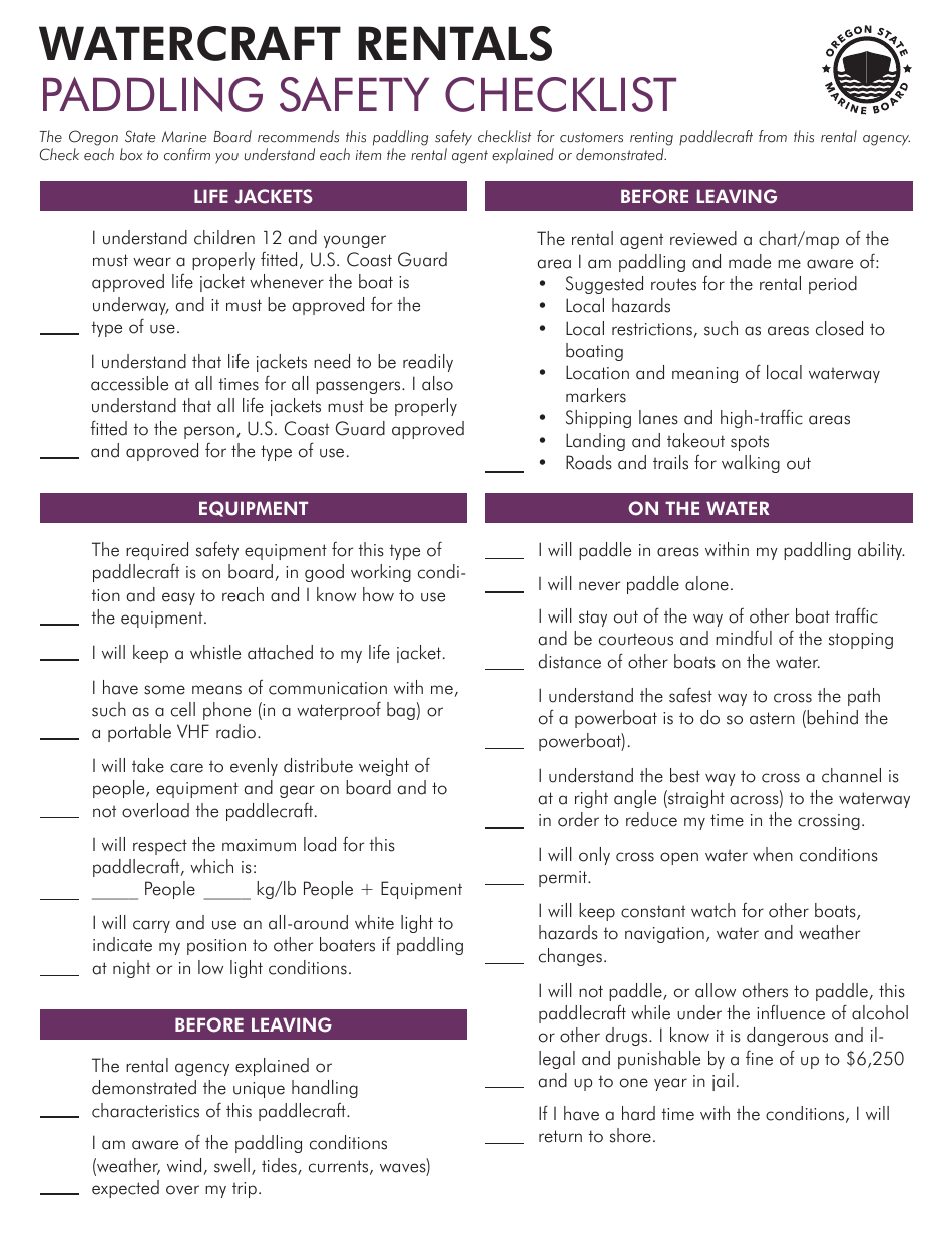 Oregon Watercraft Rentals Paddling Safety Checklist - Fill Out, Sign ...