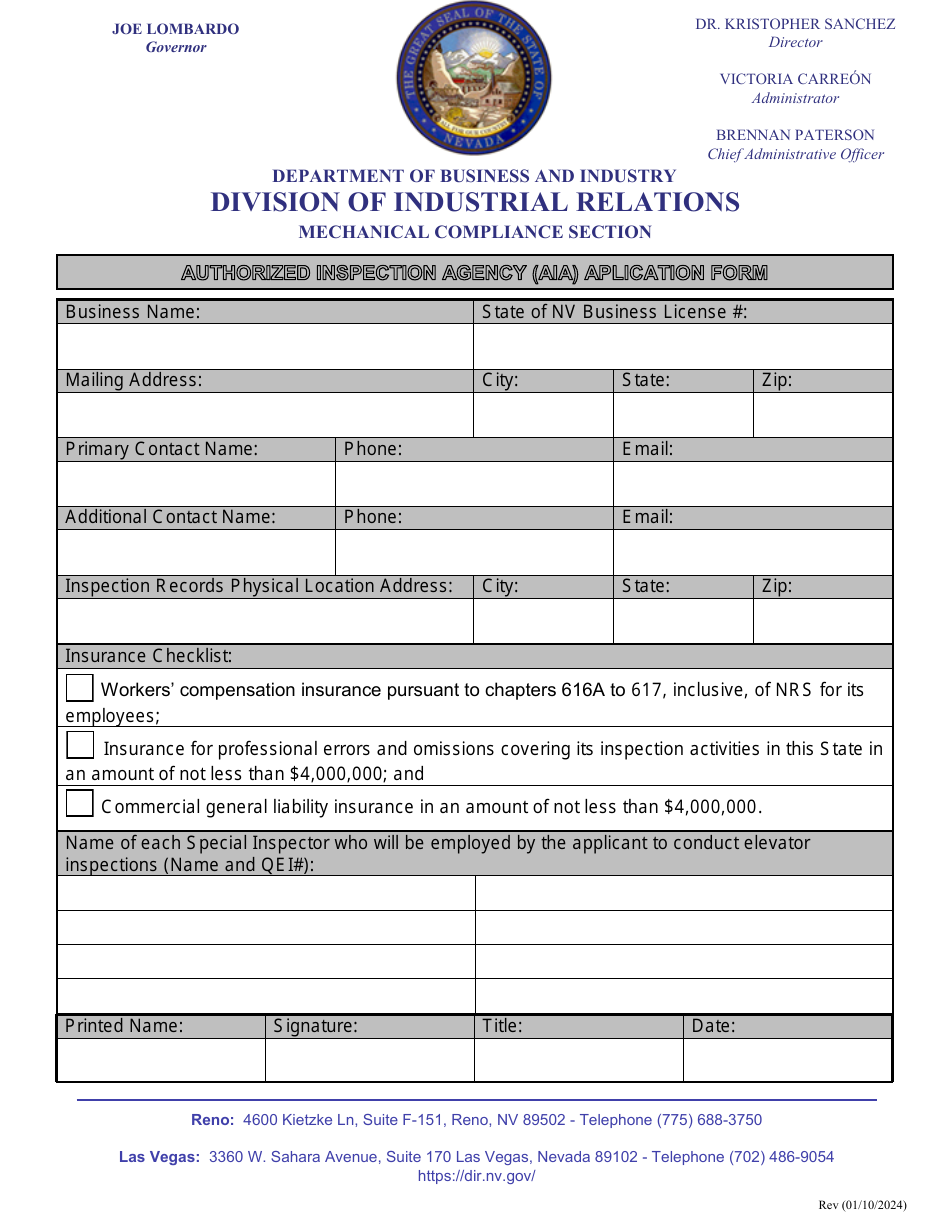 Nevada Authorized Inspection Agency (Aia) Application Form Download ...