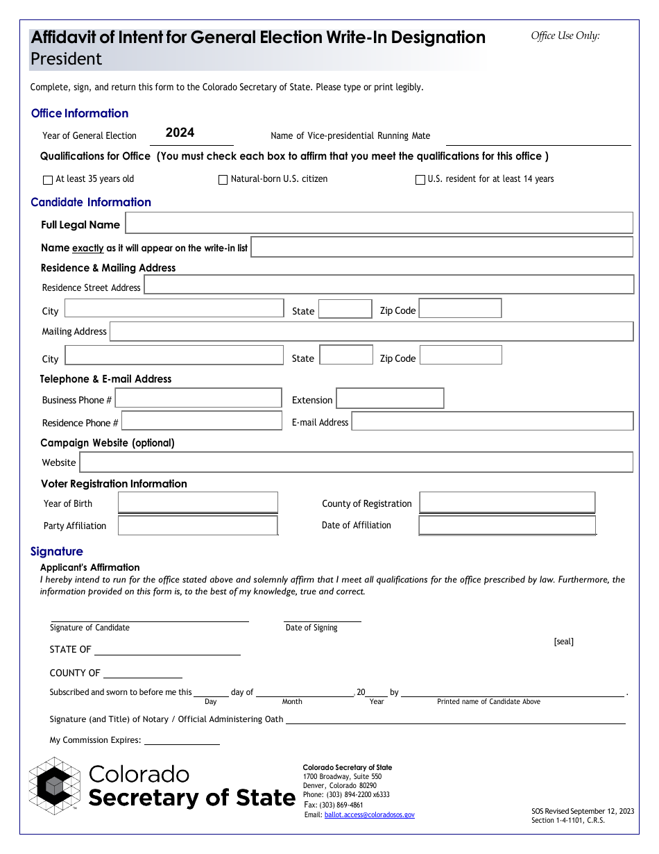 2024 Colorado Affidavit of Intent for General Election Write-In ...