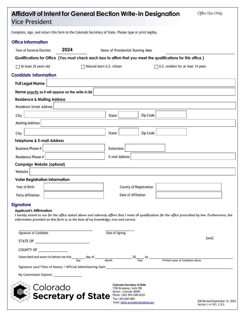 2024 Colorado Affidavit of Intent for General Election Write-In ...