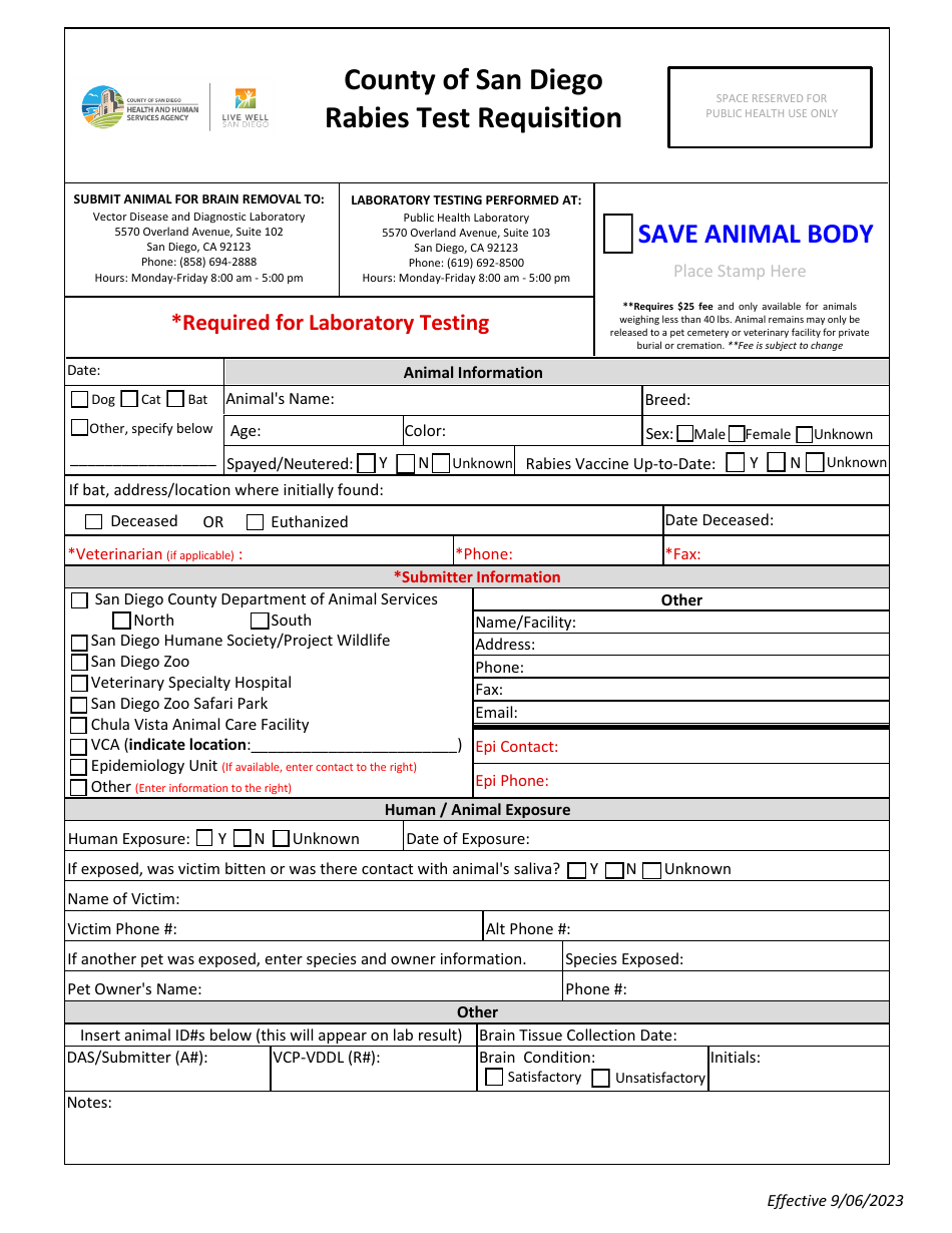 County of San Diego, California Rabies Test Requisition - Fill Out ...