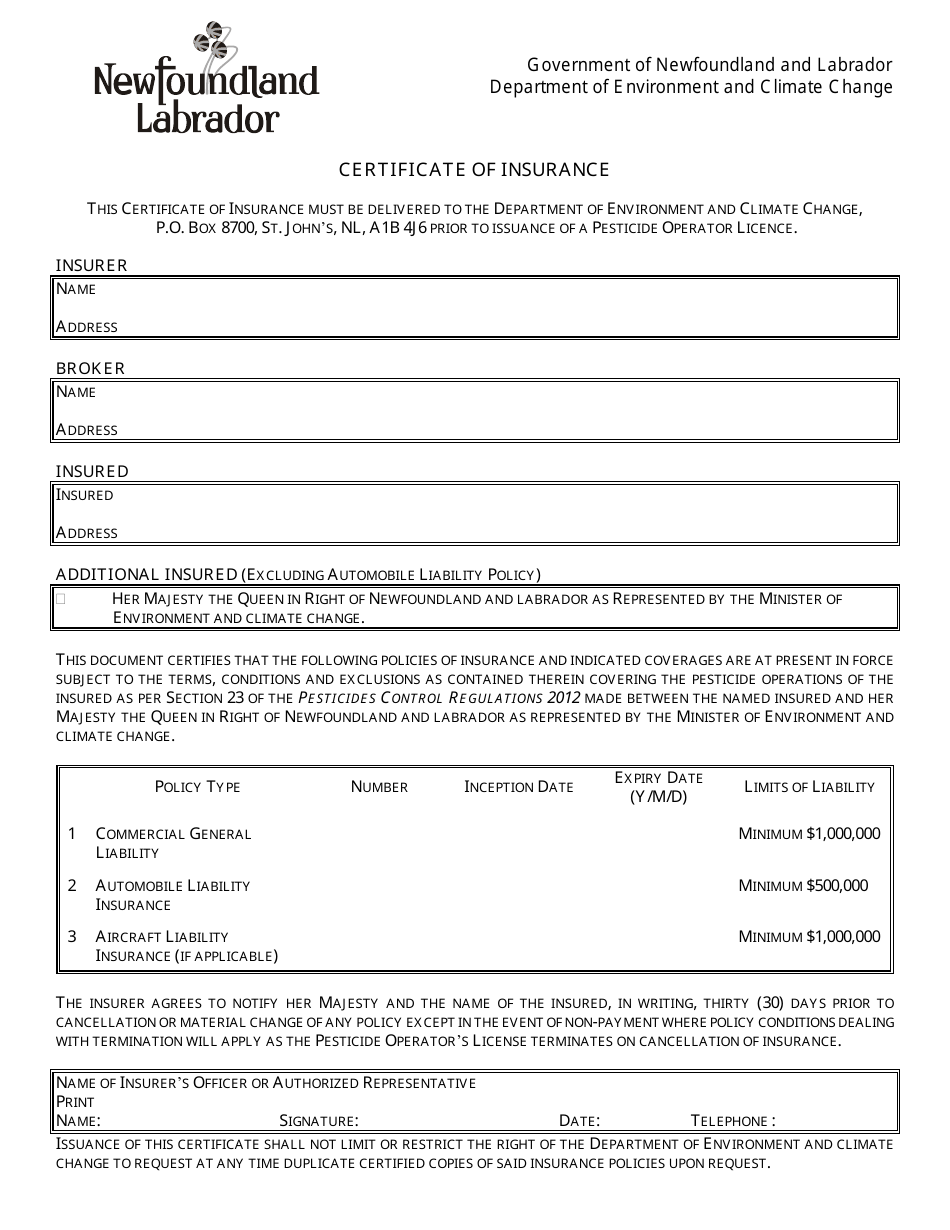 Newfoundland and Labrador Canada Certificate of Insurance - Fill Out ... Newfoundland and Labrador Canada Certificate of Insurance - Fill Out ...