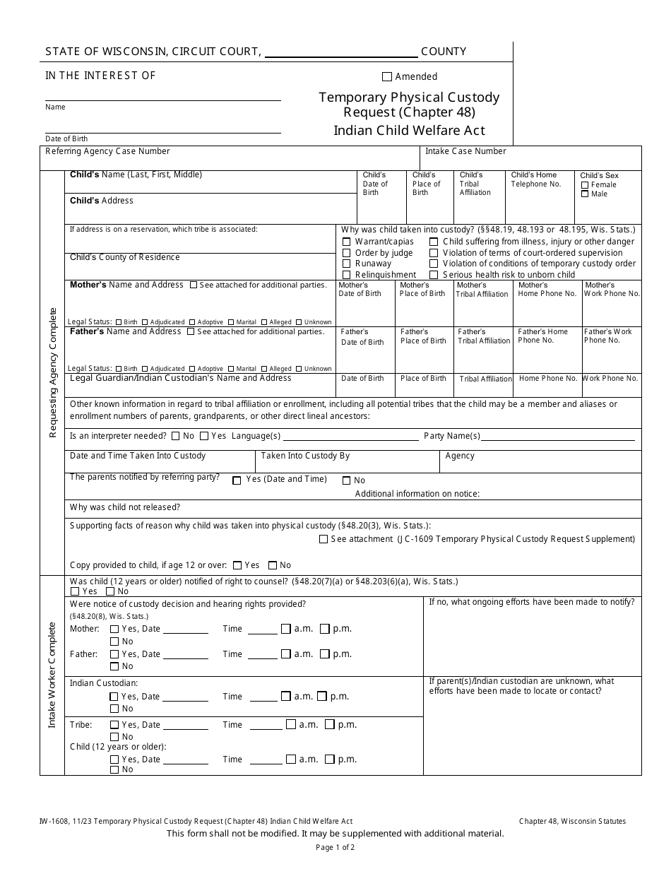 Form IW-1608 Download Printable PDF or Fill Online Temporary Physical Custody Request (Chapter ...