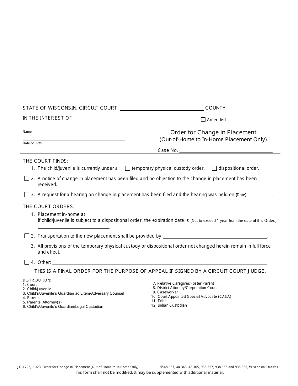 Form JD-1792 Download Printable PDF or Fill Online Order for Change in ...