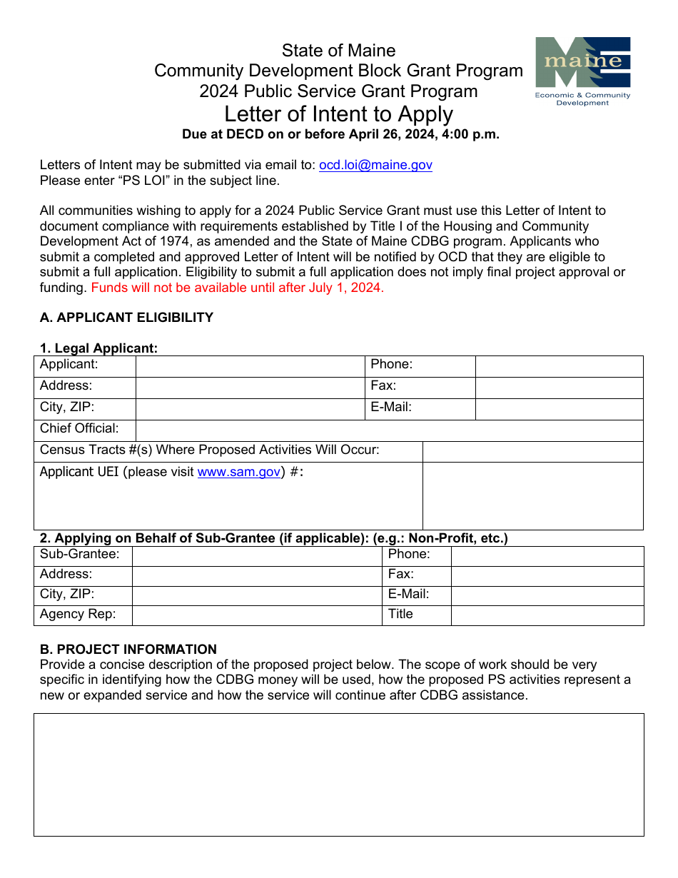 2024 Maine Letter of Intent to Apply - Public Service Grant Program Download Printable PDF ...