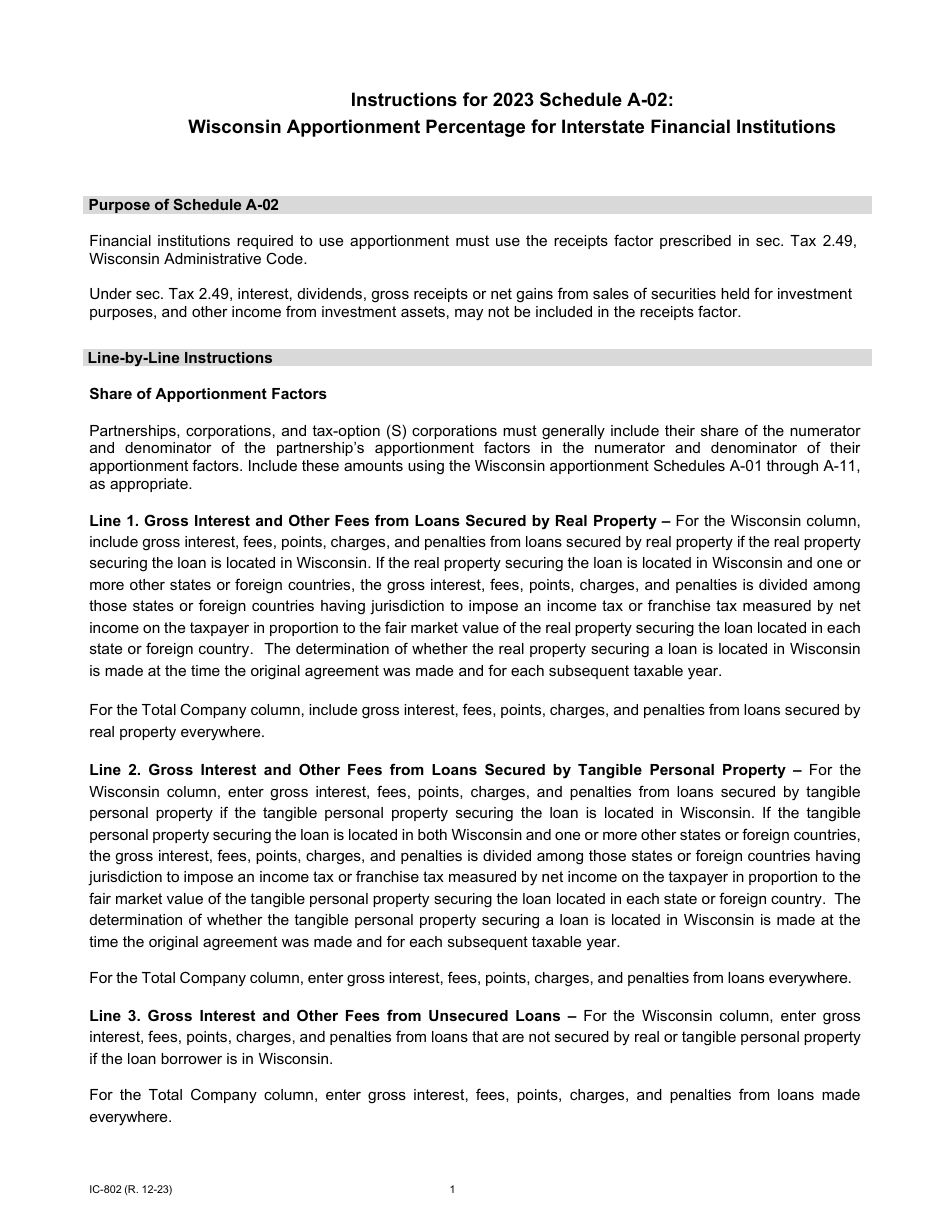 Download Instructions for Form IC-300 Schedule A-02 Wisconsin Apportionment Percentage for ...
