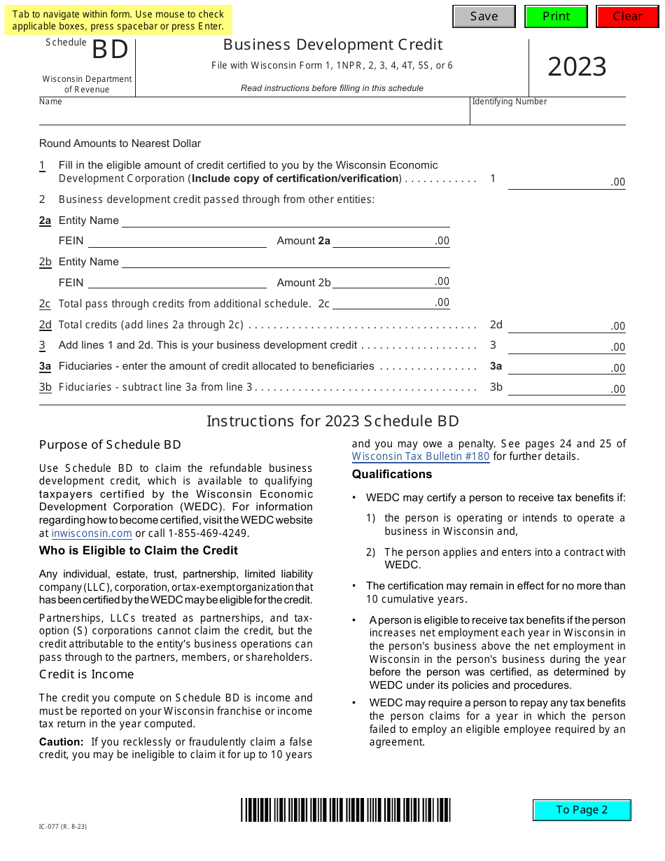 Form IC-077 Schedule BD Download Fillable PDF or Fill Online Business Development Credit - 2023 ...