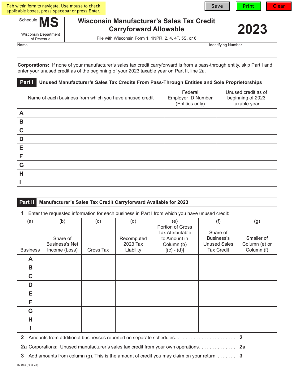 Form IC-014 Schedule MS - 2023 - Fill Out, Sign Online and Download Fillable PDF, Wisconsin ...