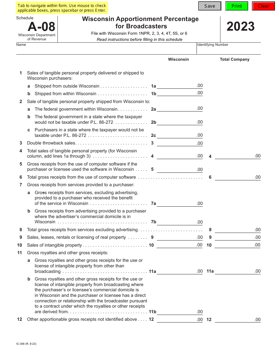 Form IC-306 Schedule A-08 Download Fillable PDF or Fill Online Wisconsin Apportionment ...