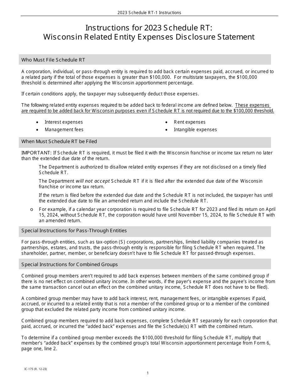 Download Instructions for Form IC-075 Schedule RT Wisconsin Related ...