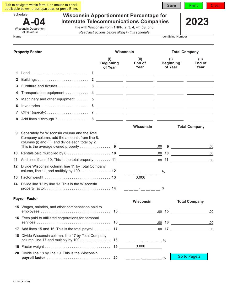 Form IC-302 Schedule A-04 Download Fillable PDF or Fill Online Wisconsin Apportionment ...