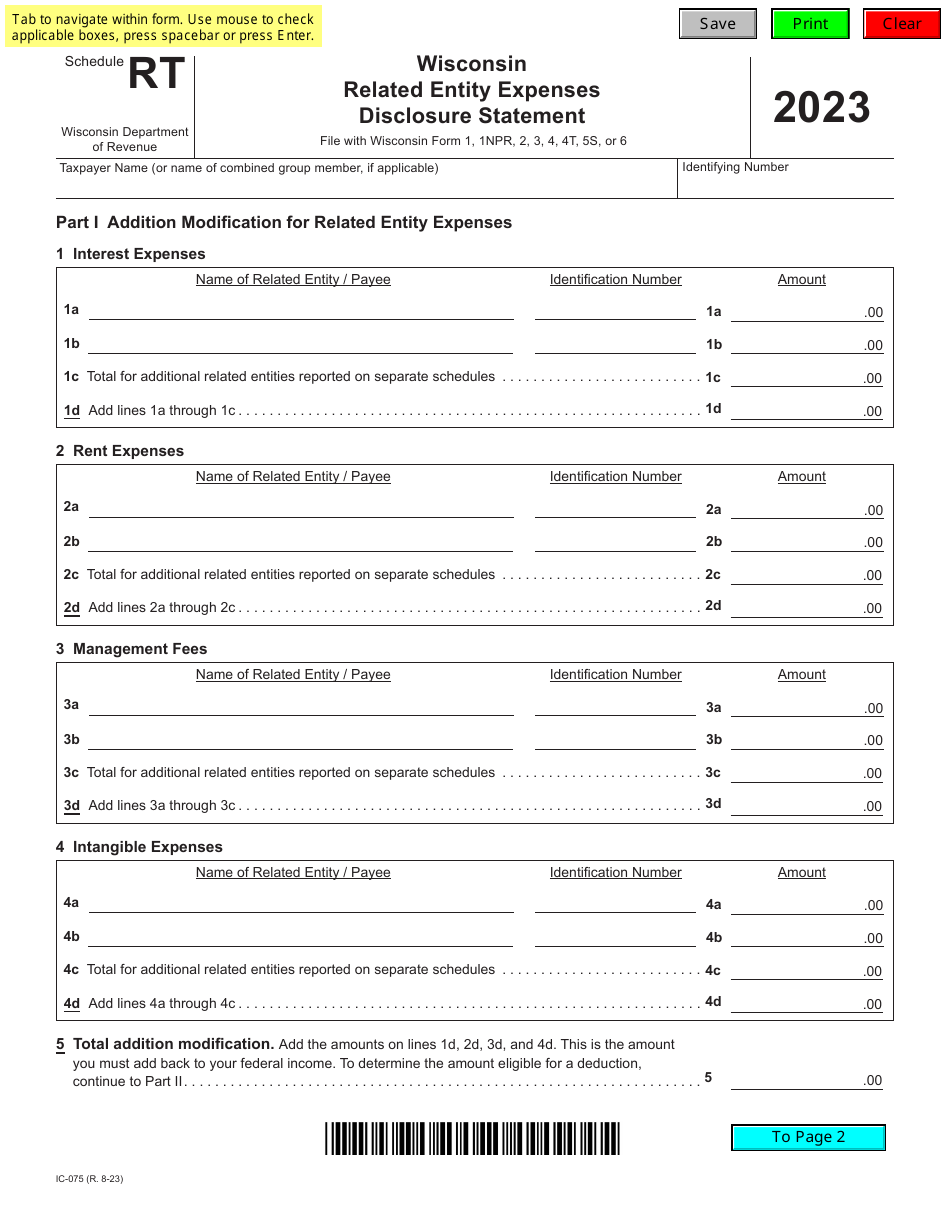 Form IC-075 Schedule RT Download Fillable PDF or Fill Online Wisconsin ...