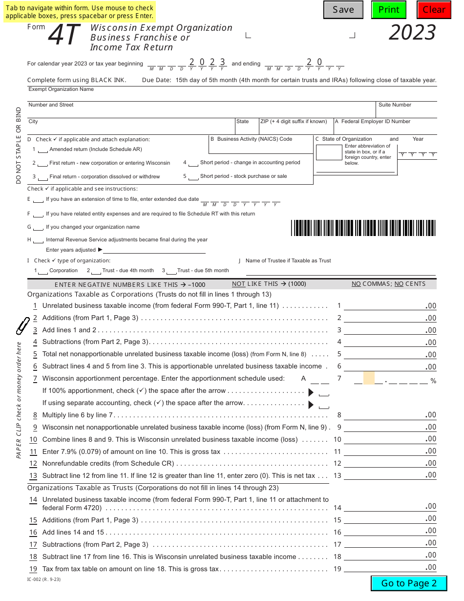 Form 4T (IC-002) Download Fillable PDF or Fill Online Wisconsin Exempt ...