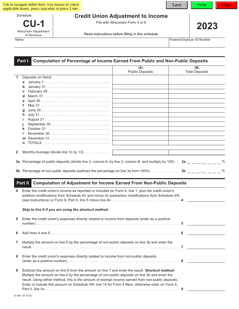 Form IC-080 Schedule CU-1 - 2023 - Fill Out, Sign Online and Download Fillable PDF, Wisconsin ...