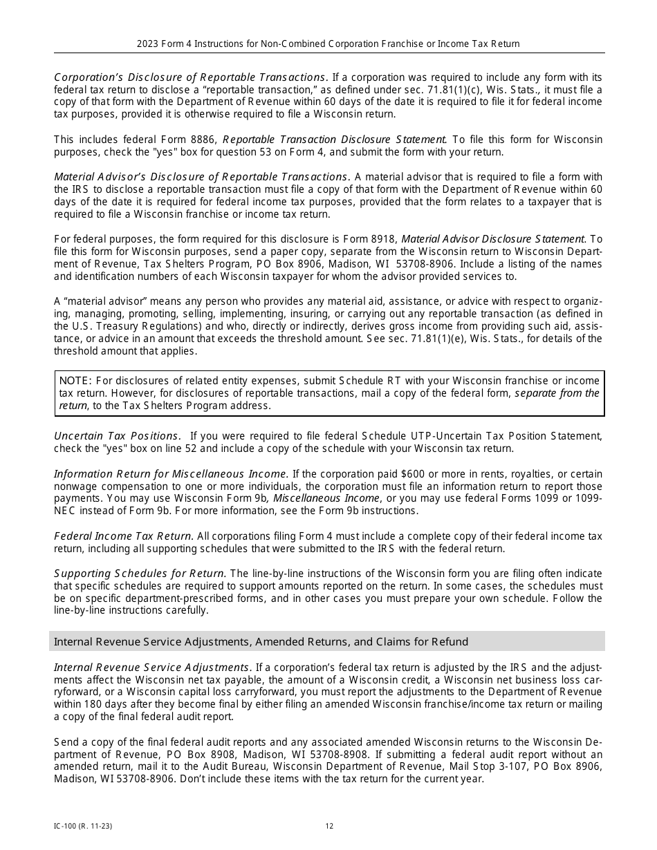 Download Instructions for Form 4, IC-040 Wisconsin Non-combined ...