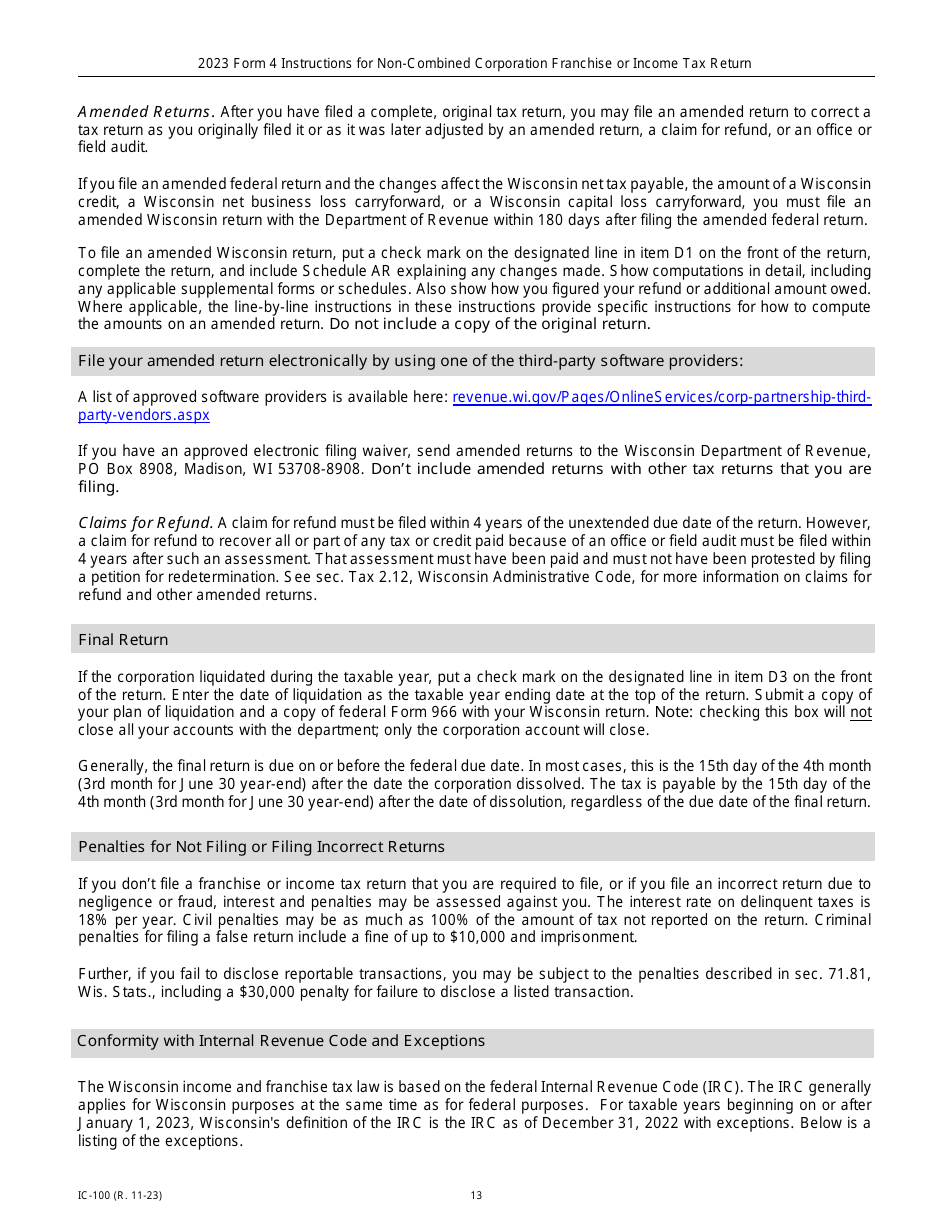 Download Instructions for Form 4, IC-040 Wisconsin Non-combined ...