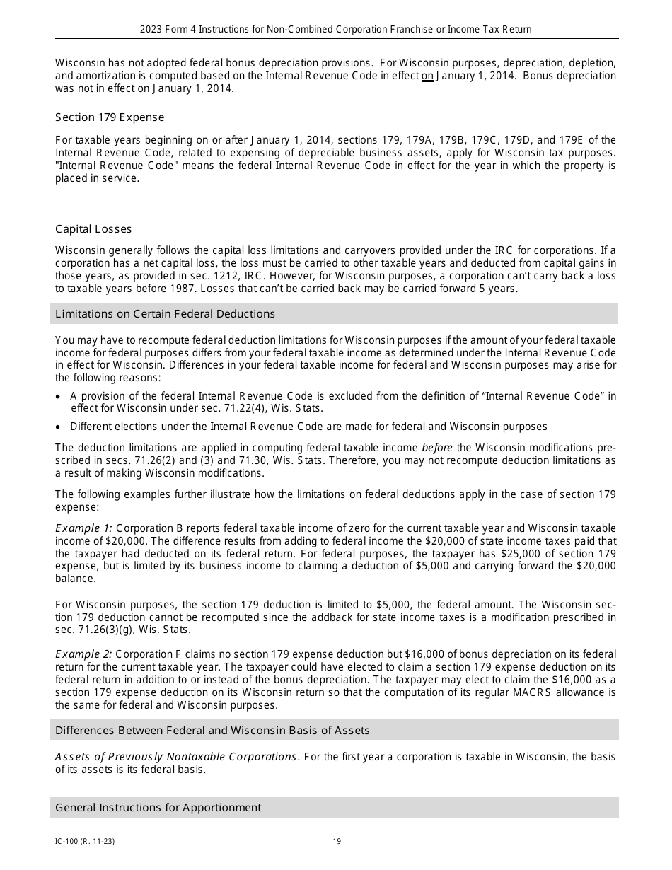 Download Instructions for Form 4, IC-040 Wisconsin Non-combined ...
