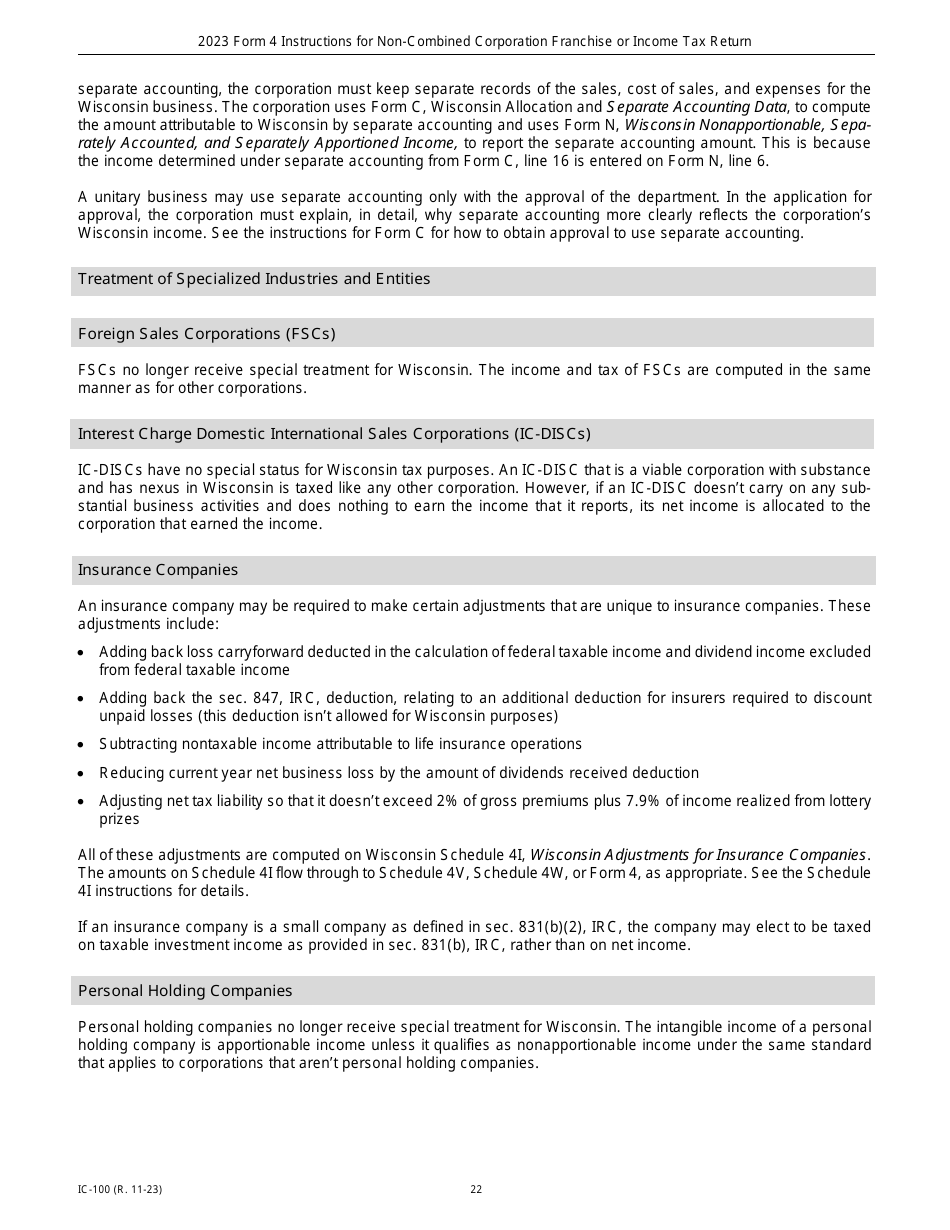 Download Instructions for Form 4, IC-040 Wisconsin Non-combined ...