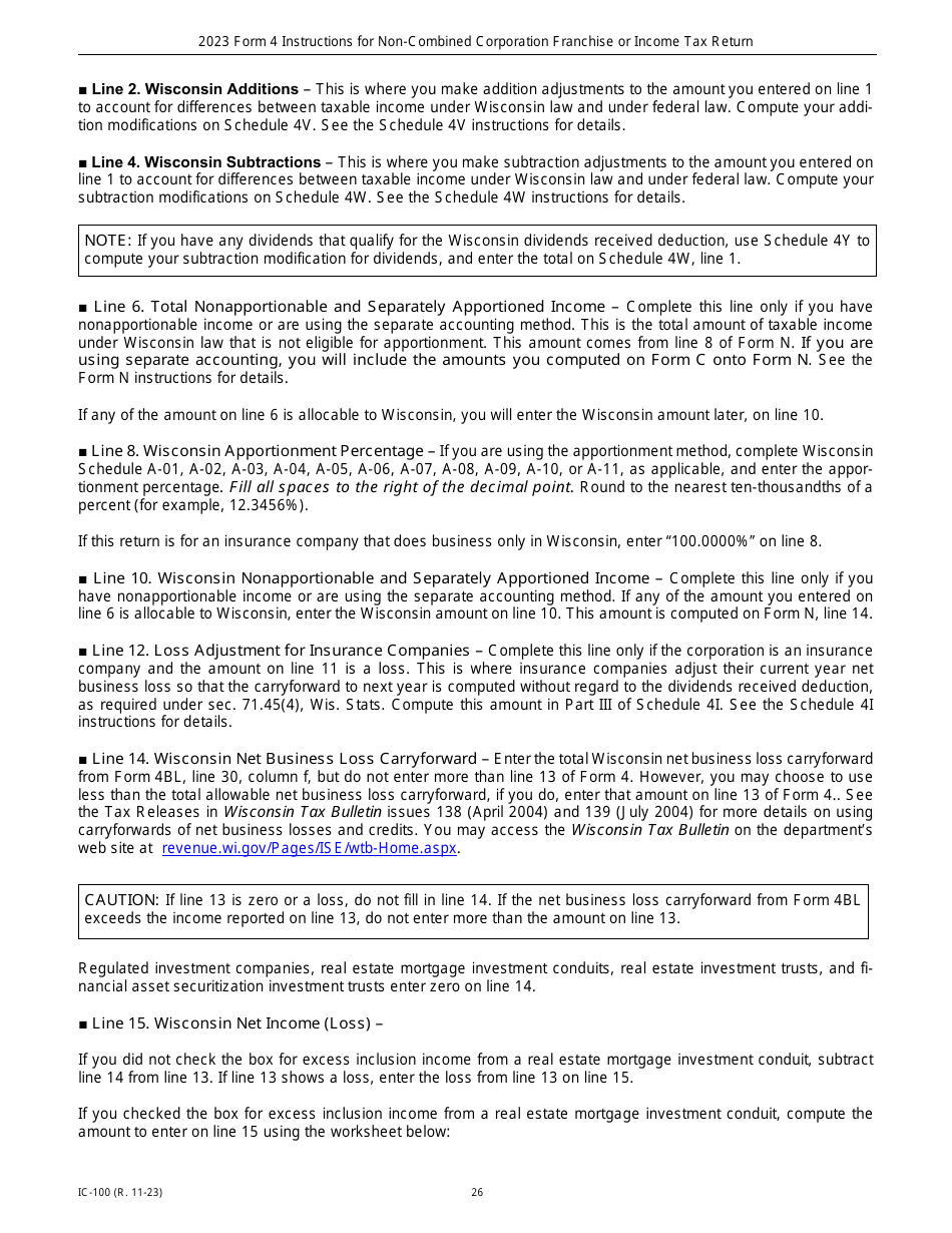 Download Instructions for Form 4, IC-040 Wisconsin Non-combined ...