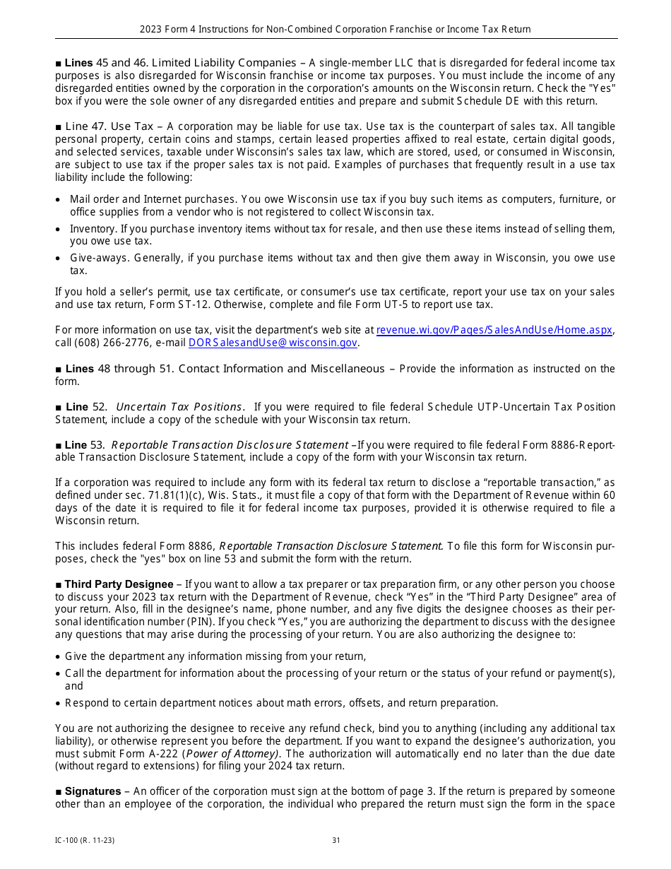 Download Instructions for Form 4, IC-040 Wisconsin Non-combined ...