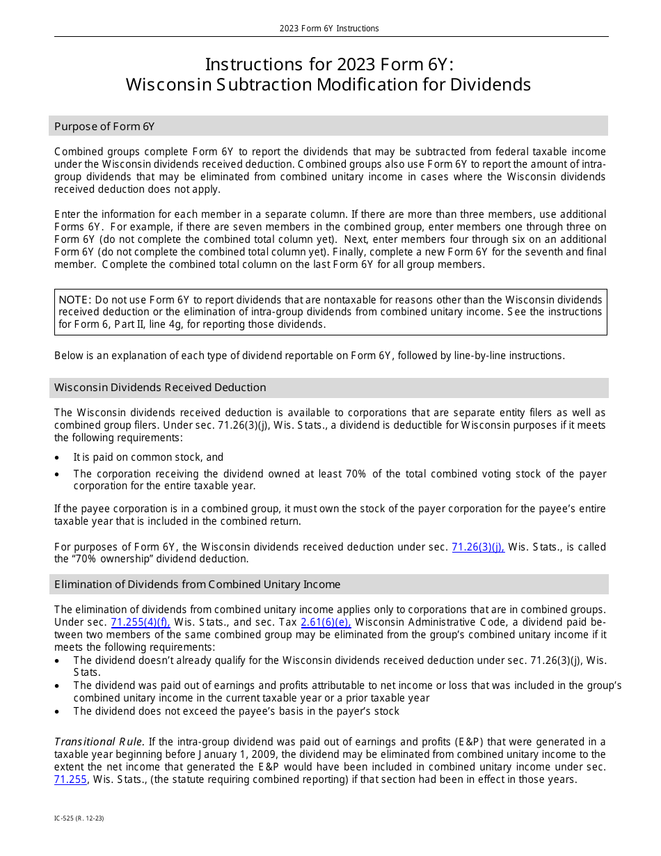 Download Instructions for Form 6Y, IC-425 Wisconsin Subtraction ...