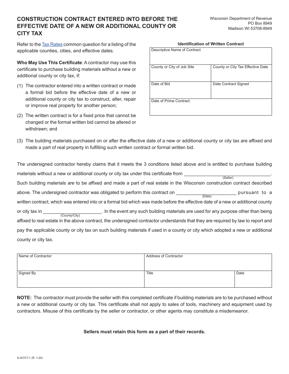 Form S-207CT-1 Download Printable PDF or Fill Online Construction ...