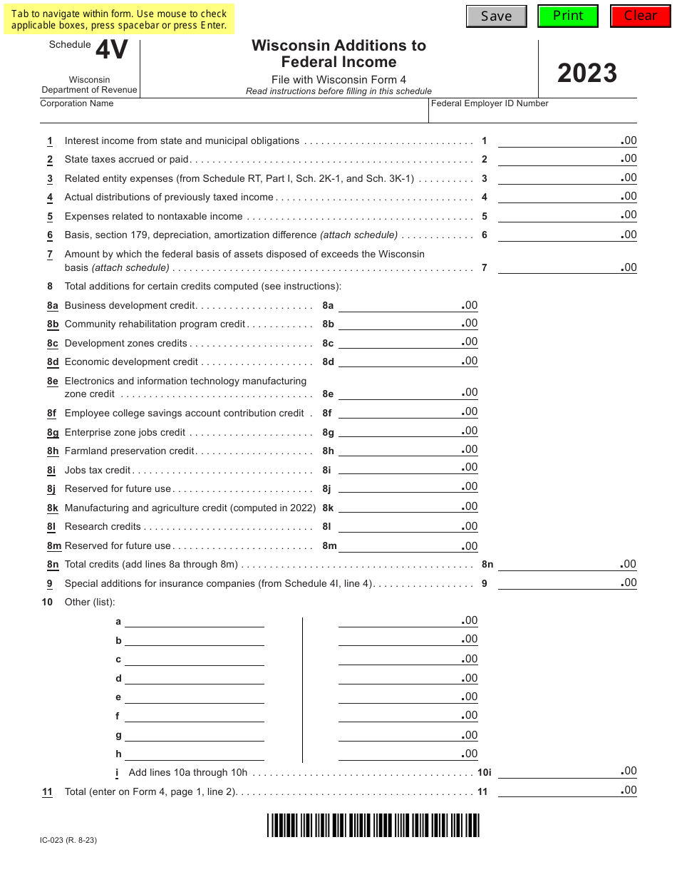 Form IC-023 Schedule 4V Download Fillable PDF or Fill Online Wisconsin ...