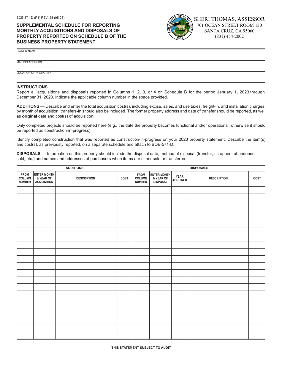 Form BOE-571-D Download Fillable PDF or Fill Online Supplemental ...