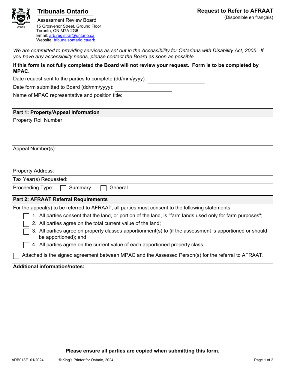 Form ARB018E - Fill Out, Sign Online and Download Fillable PDF, Ontario ...
