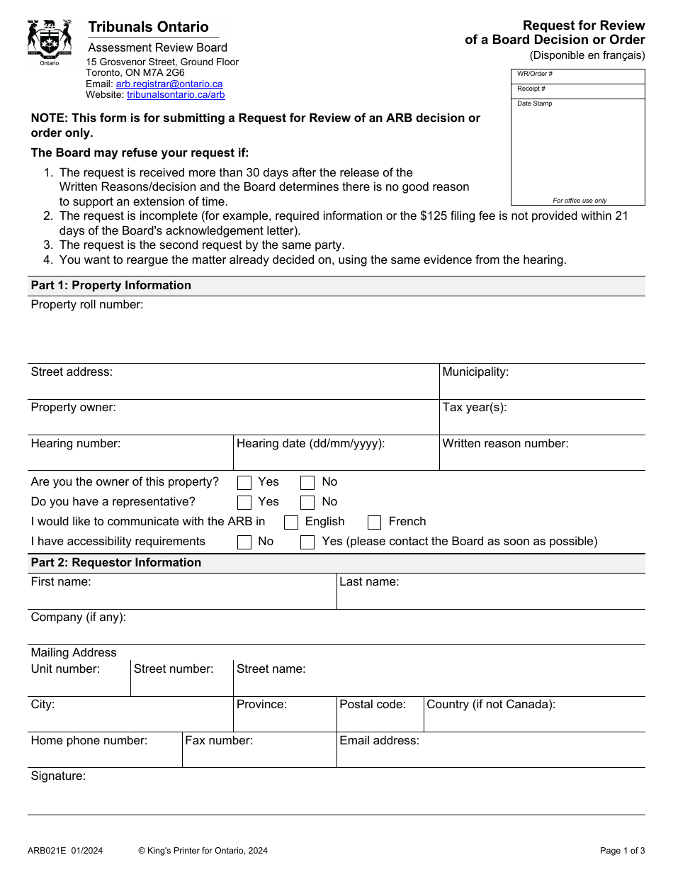 Form ARB021E - Fill Out, Sign Online and Download Fillable PDF, Ontario ...