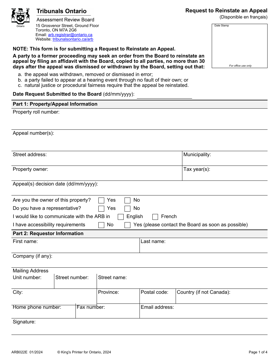 Form ARB022E - Fill Out, Sign Online and Download Fillable PDF, Ontario ...