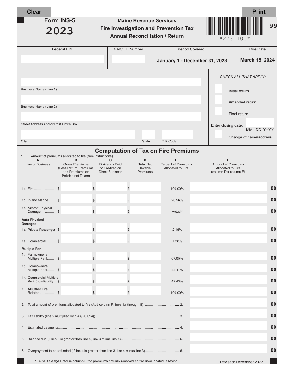 Form INS-5 Download Fillable PDF or Fill Online Fire Investigation and Prevention Tax Annual ...
