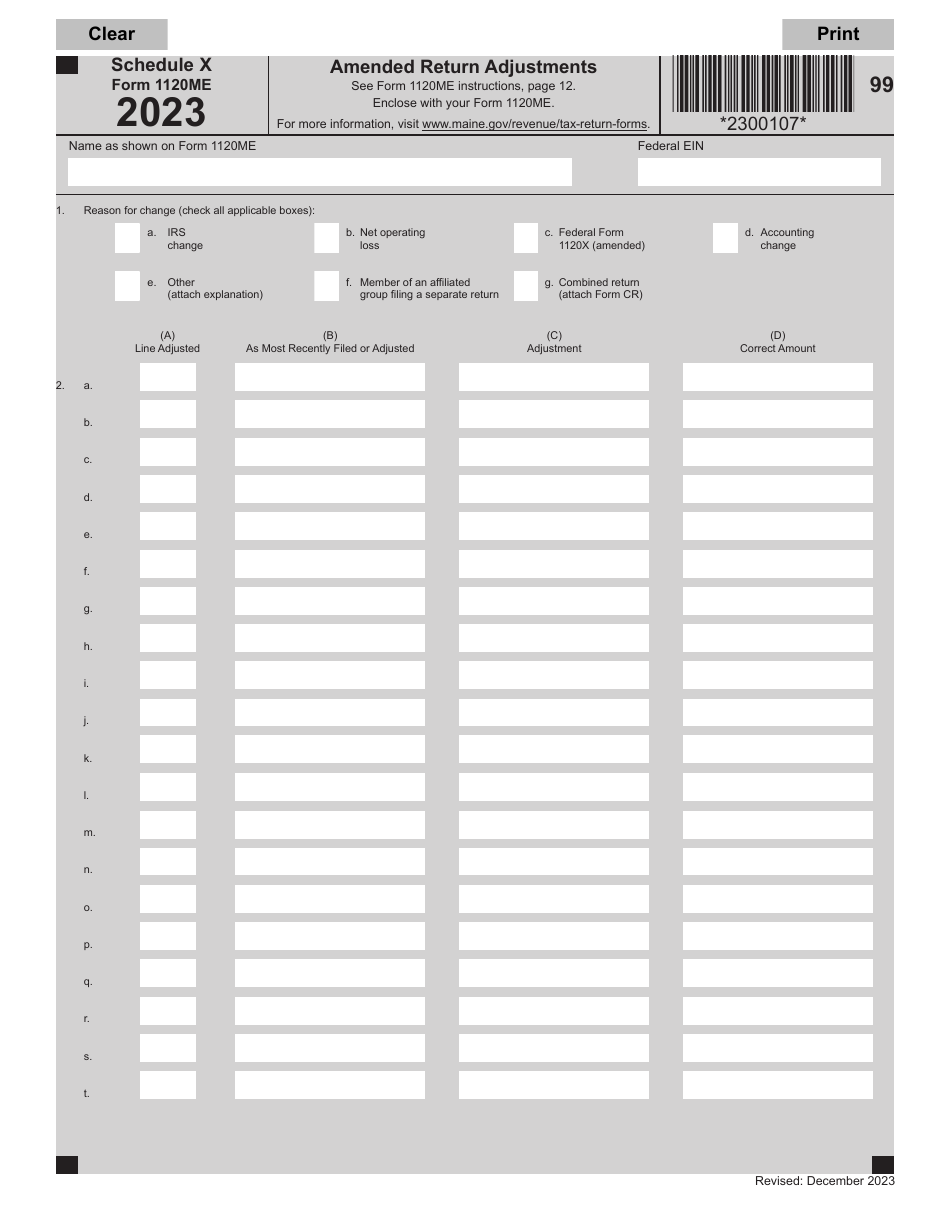 Form 1120ME Schedule X Download Fillable PDF or Fill Online Amended ...