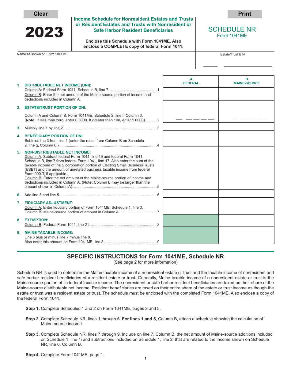 Form 1041ME Schedule NR Download Fillable PDF or Fill Online Income ...