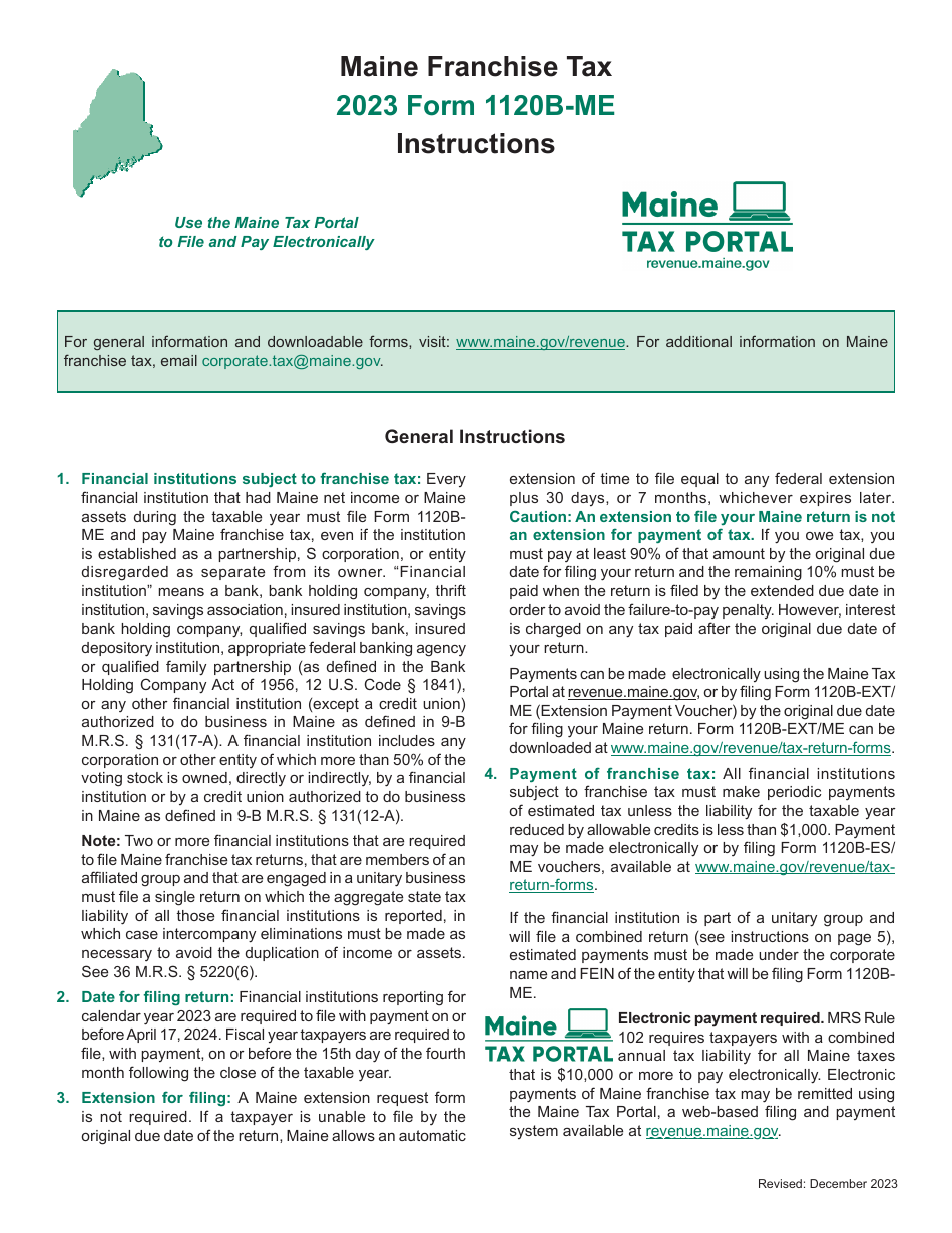 Download Instructions for Form 1120B-ME Maine Franchise Tax Return for ...