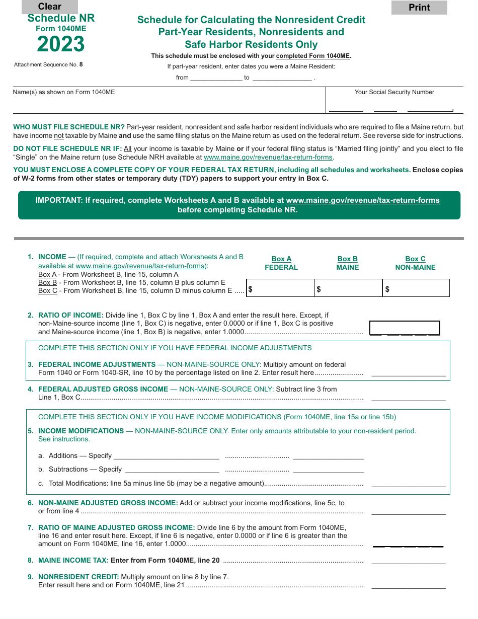 Form 1040ME Schedule NR Download Fillable PDF or Fill Online Schedule ...
